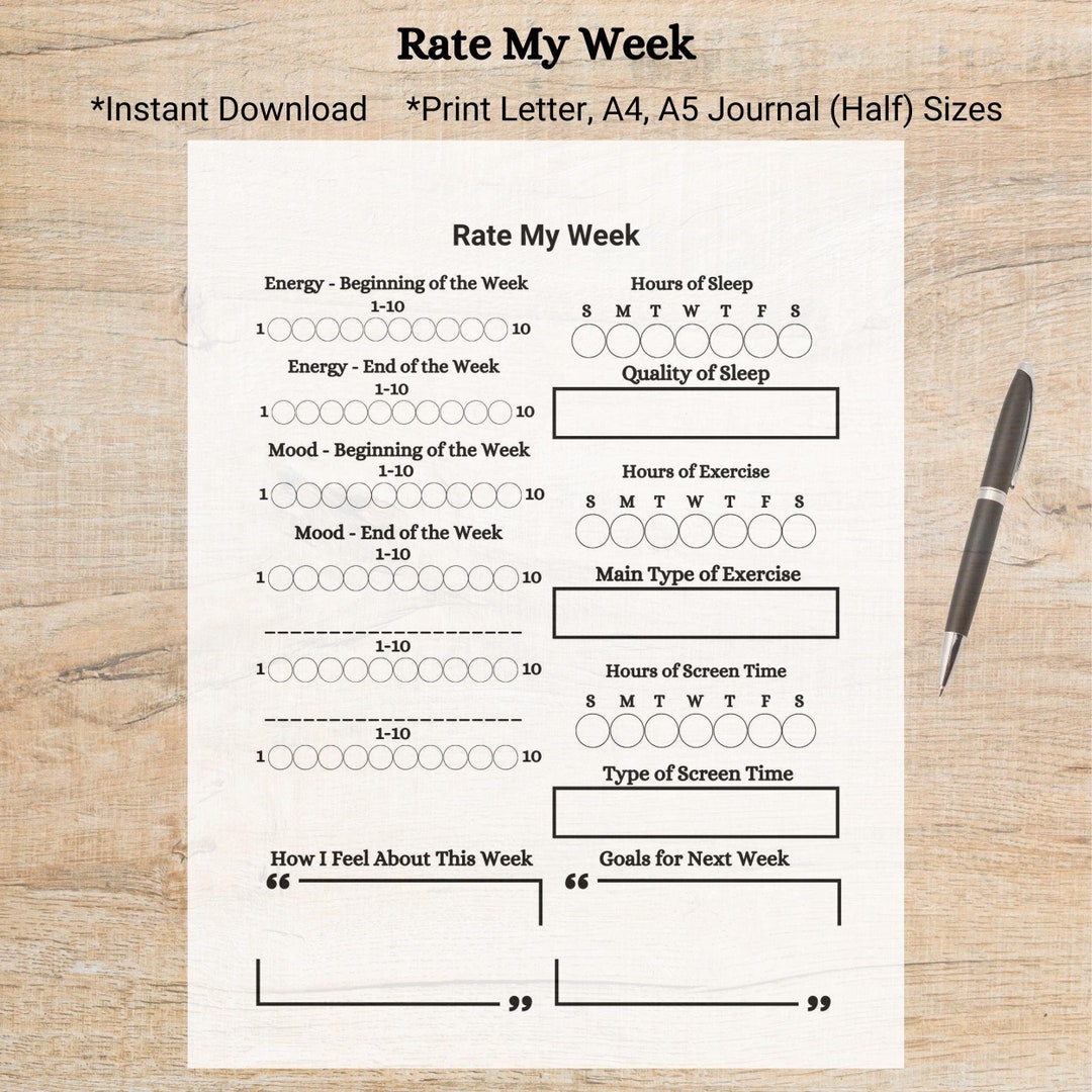 WITH FREE GIFT - Rate My Week Printable - Energy, Mood, Sleep, Exercise ...