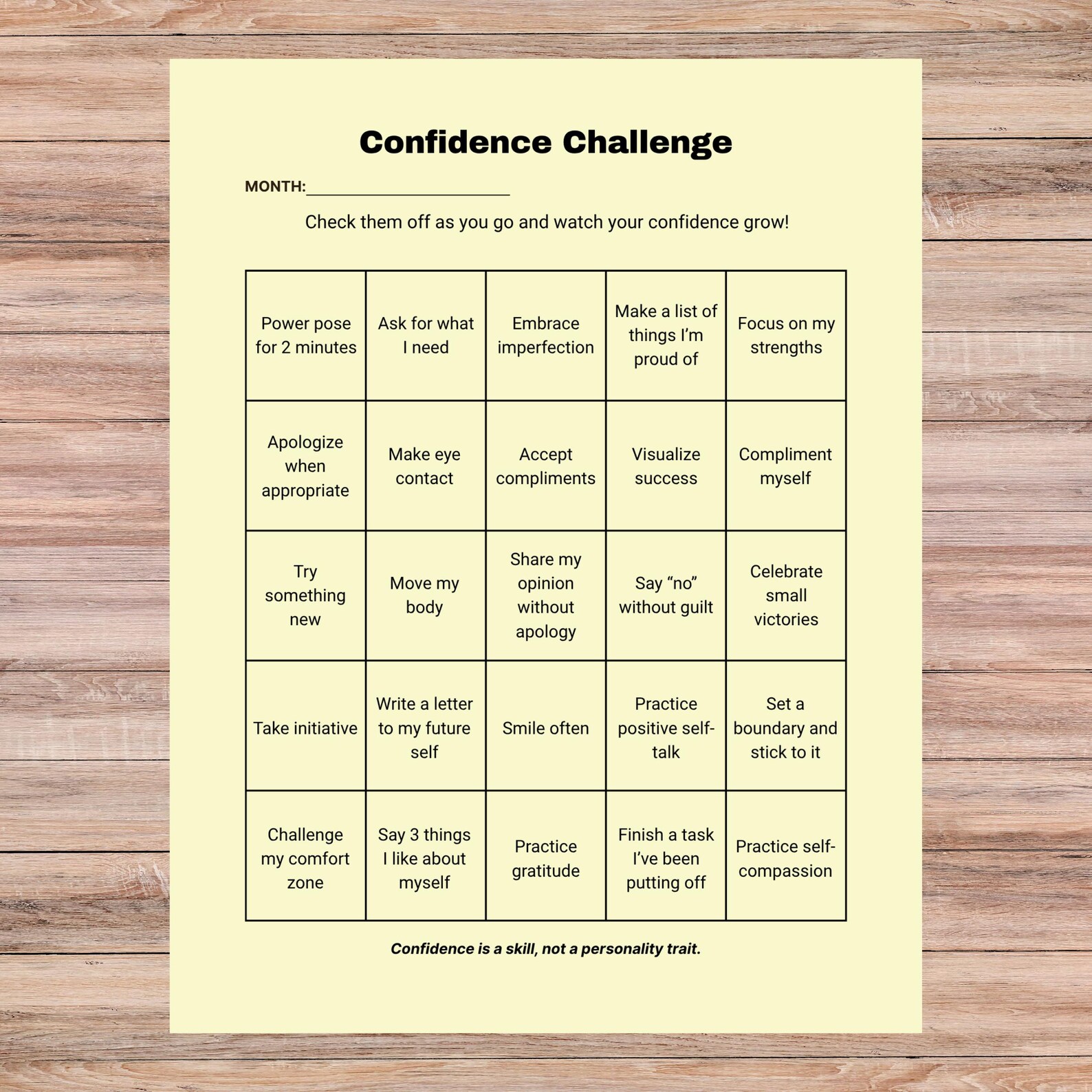 Confidence Boost Challenge: Self-esteem Bingo, Personal Growth ...