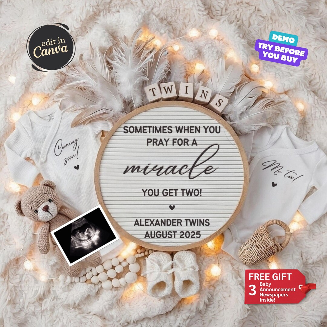 Twin Pregnancy Announcement, Twin Baby Announcement, Neutral Digital ...