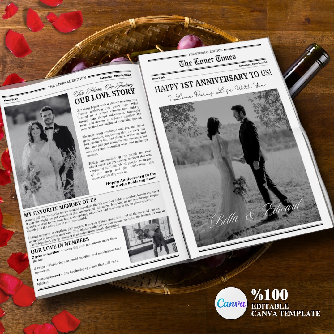 Couple Anniversary Newspaper Canva Template, 1 Year Anniversary Gift ...