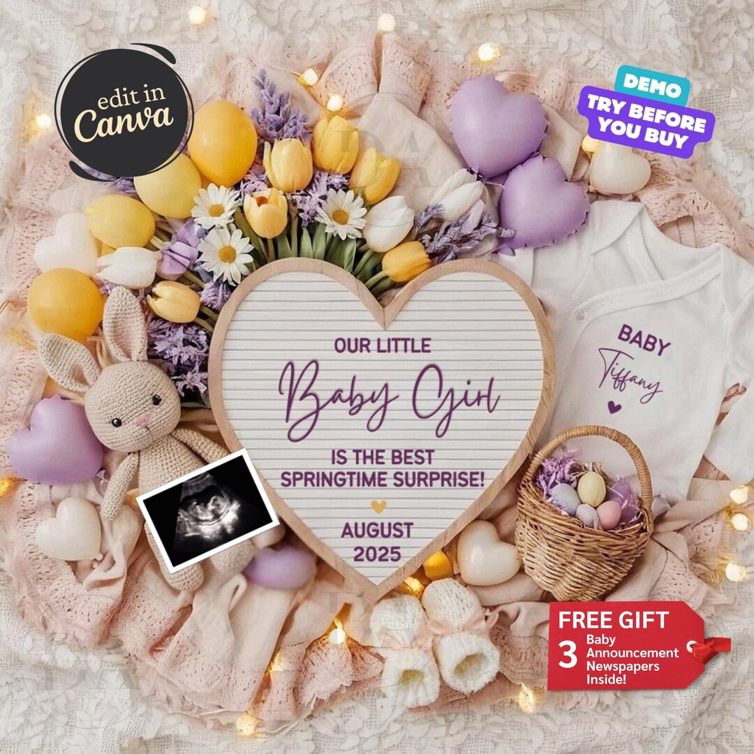 Easter Baby Girl Announcement, Pregnancy Announcement Digital, Boho ...