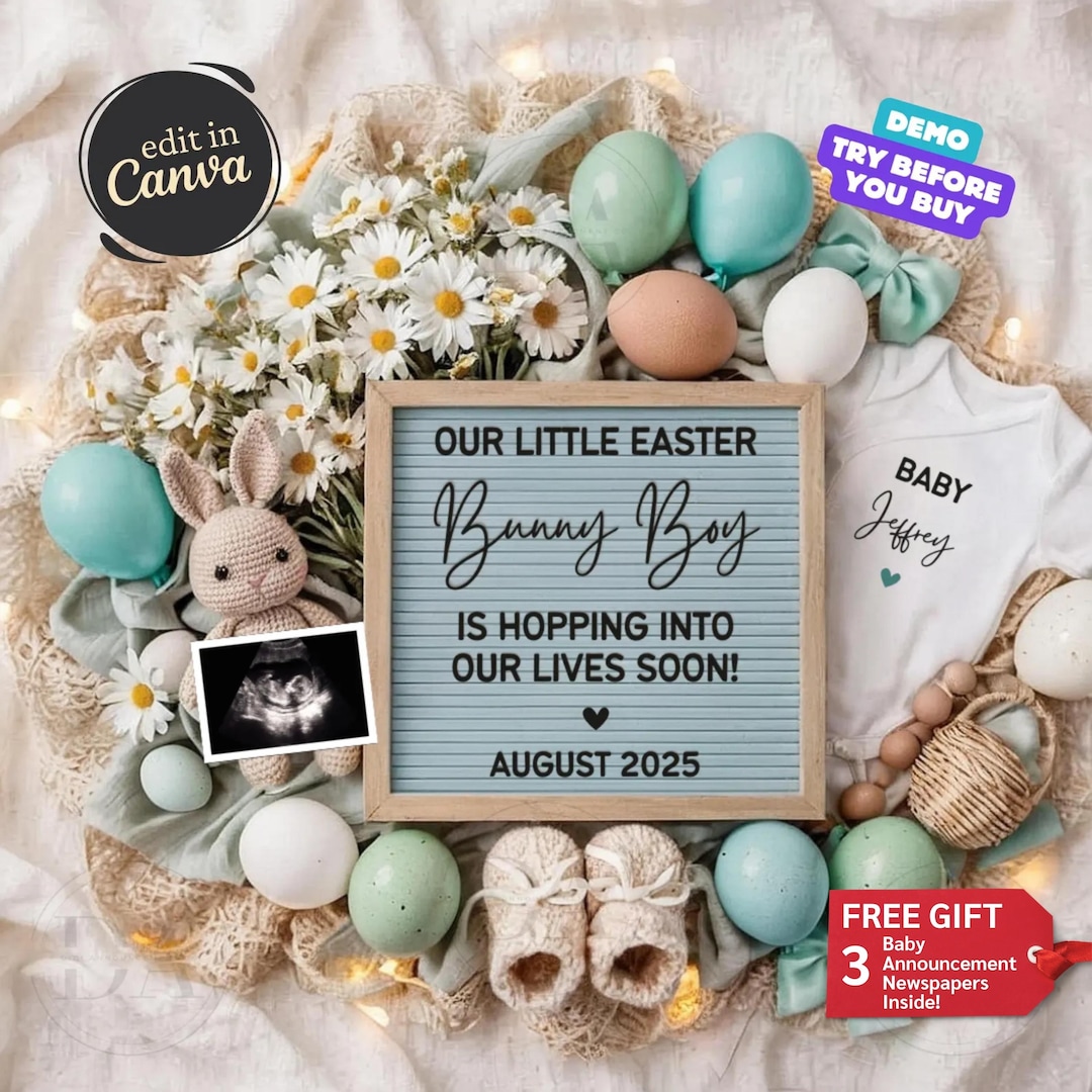 Easter Baby Boy Announcement Digital, Pregnancy Announcement, Editable ...