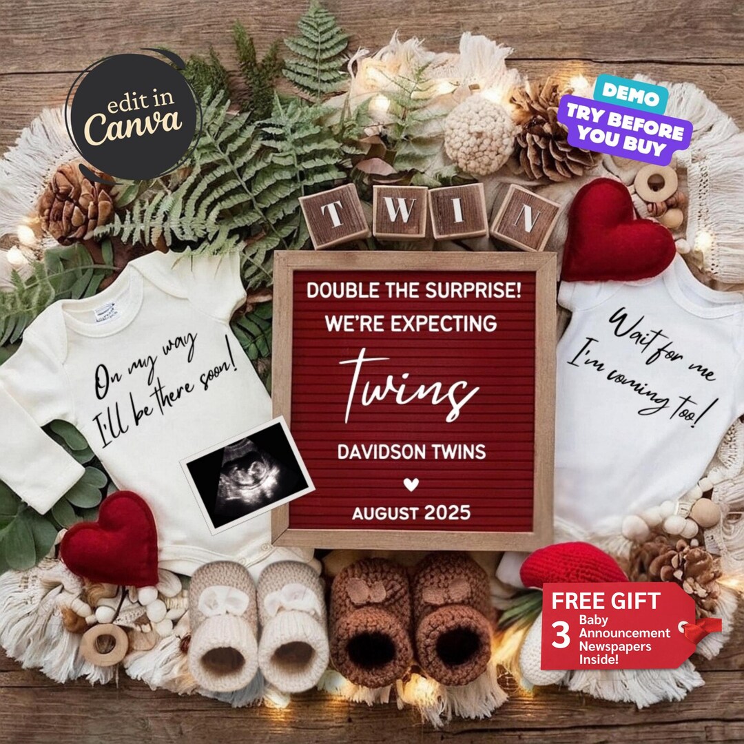 Twin Pregnancy Announcement Digital, Twins Baby Announcement, Baby ...