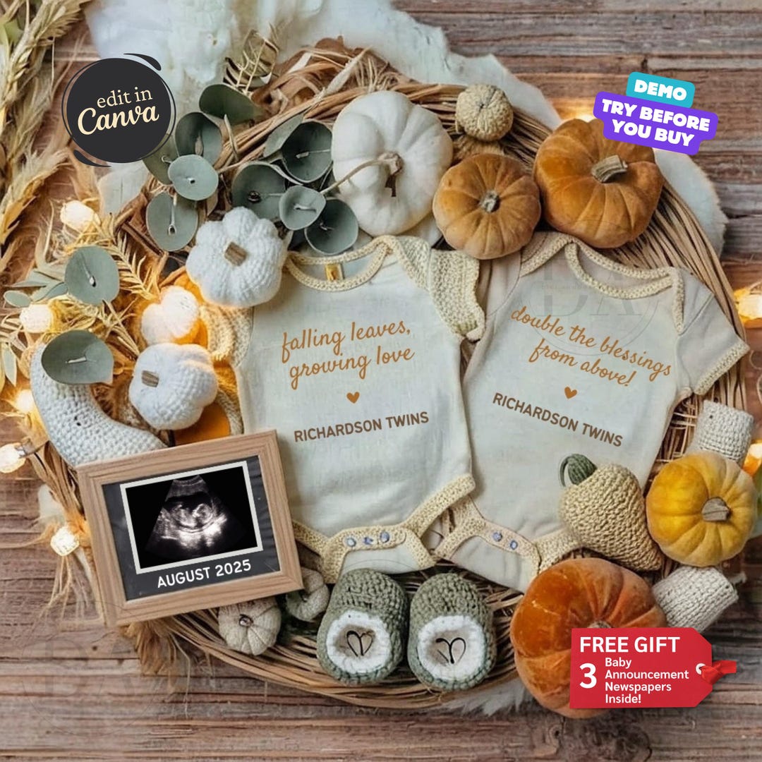 Fall Twin Baby Announcement, Twin Pregnancy Announcement Digital ...