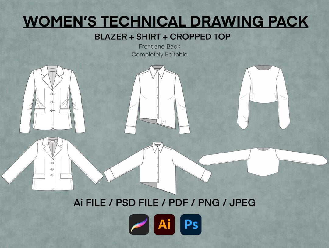 Technical Drawing Pack, 2 Women's Cropped Tops + 2 Tailored Blazers + 2 ...