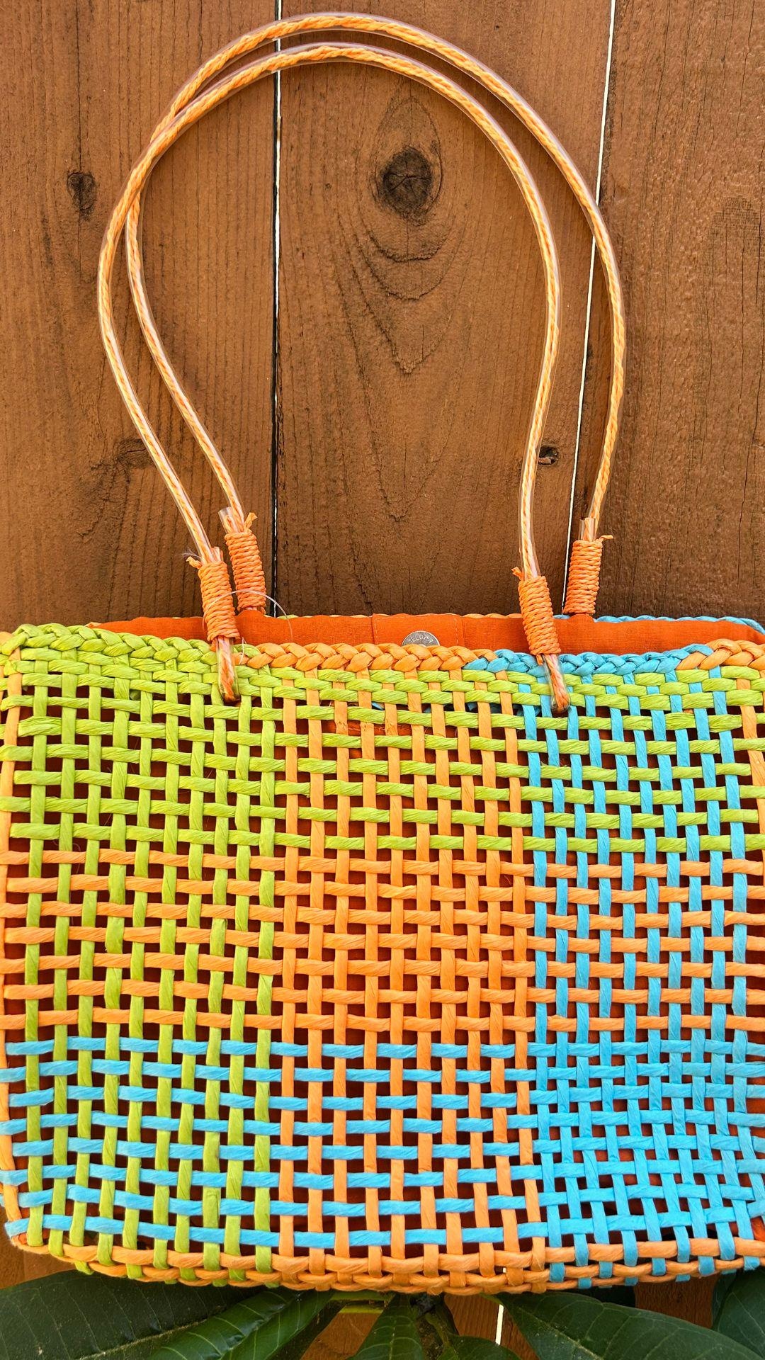 Woven Plastic Straw Tote Bag: Orange Liner, Snap Closure - Etsy