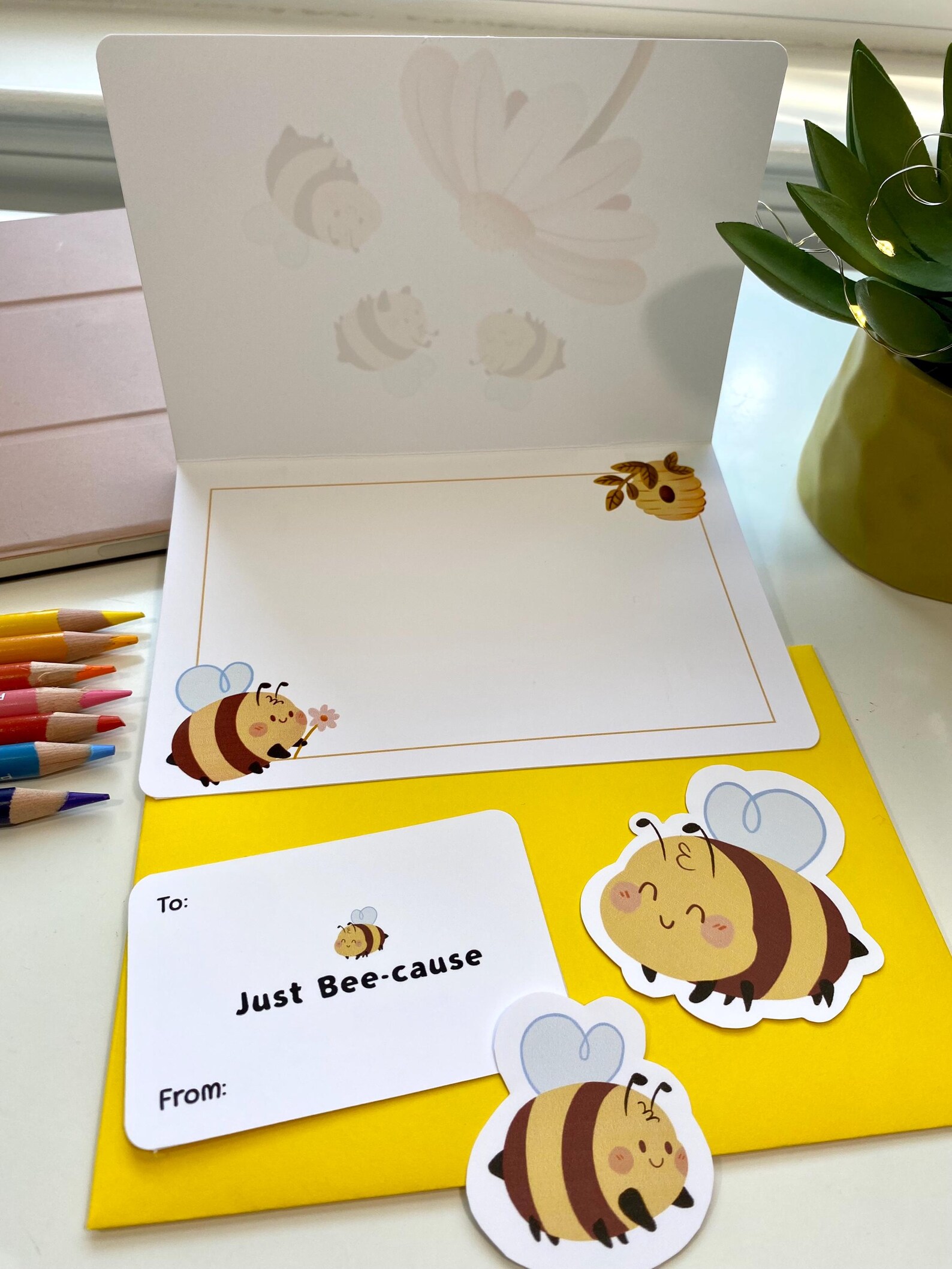 Cute Bee Card and Sticker Pack Blank Card Just Bee-cause Flower Three ...