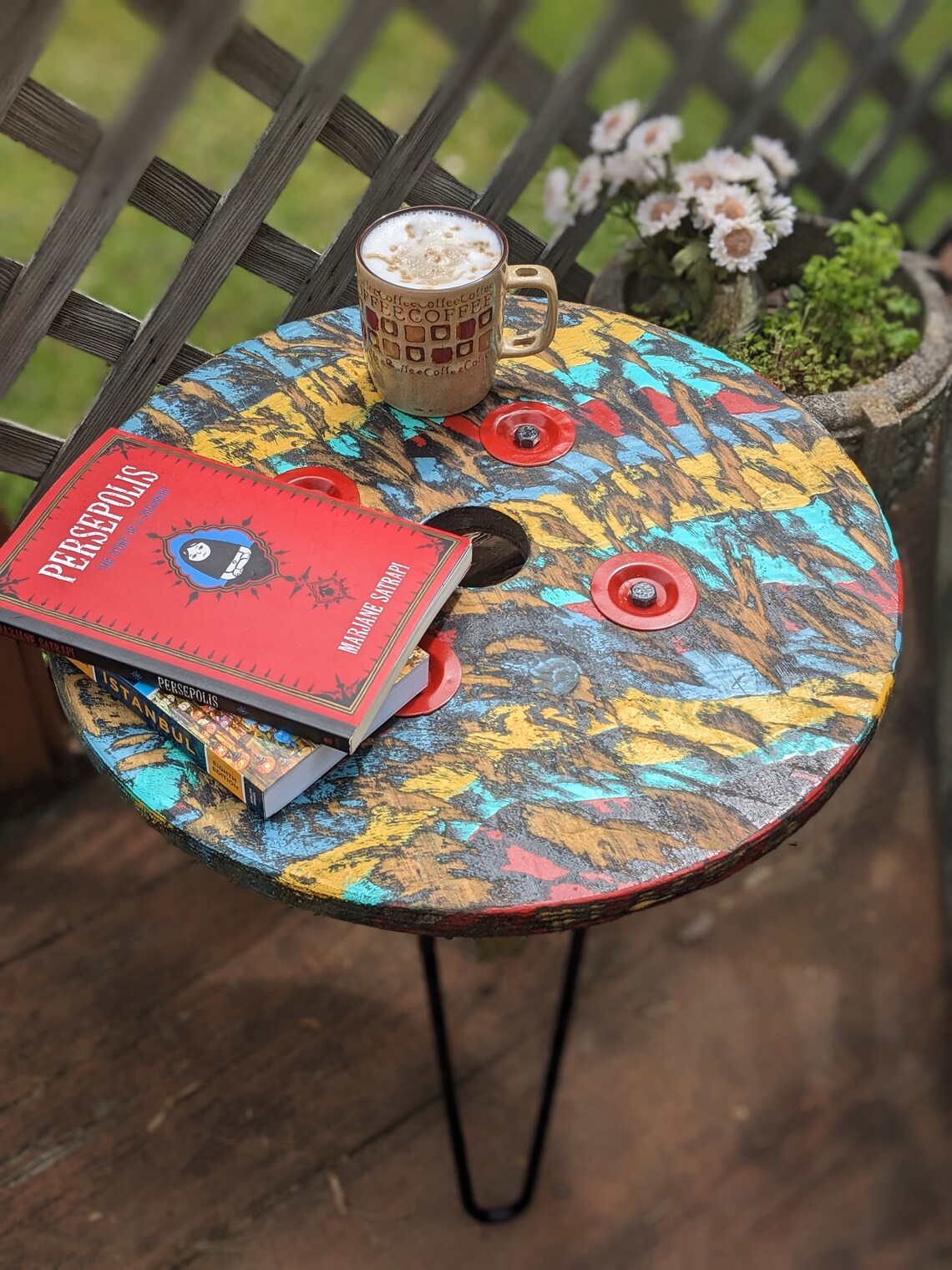 Upcycled Spool Side Table: Colorful Reclaimed Wood Patio Table - Etsy