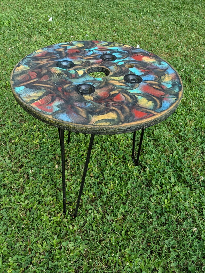 Colorful Reclaimed Spool Round UPCYCLED Patio Side Table - Etsy