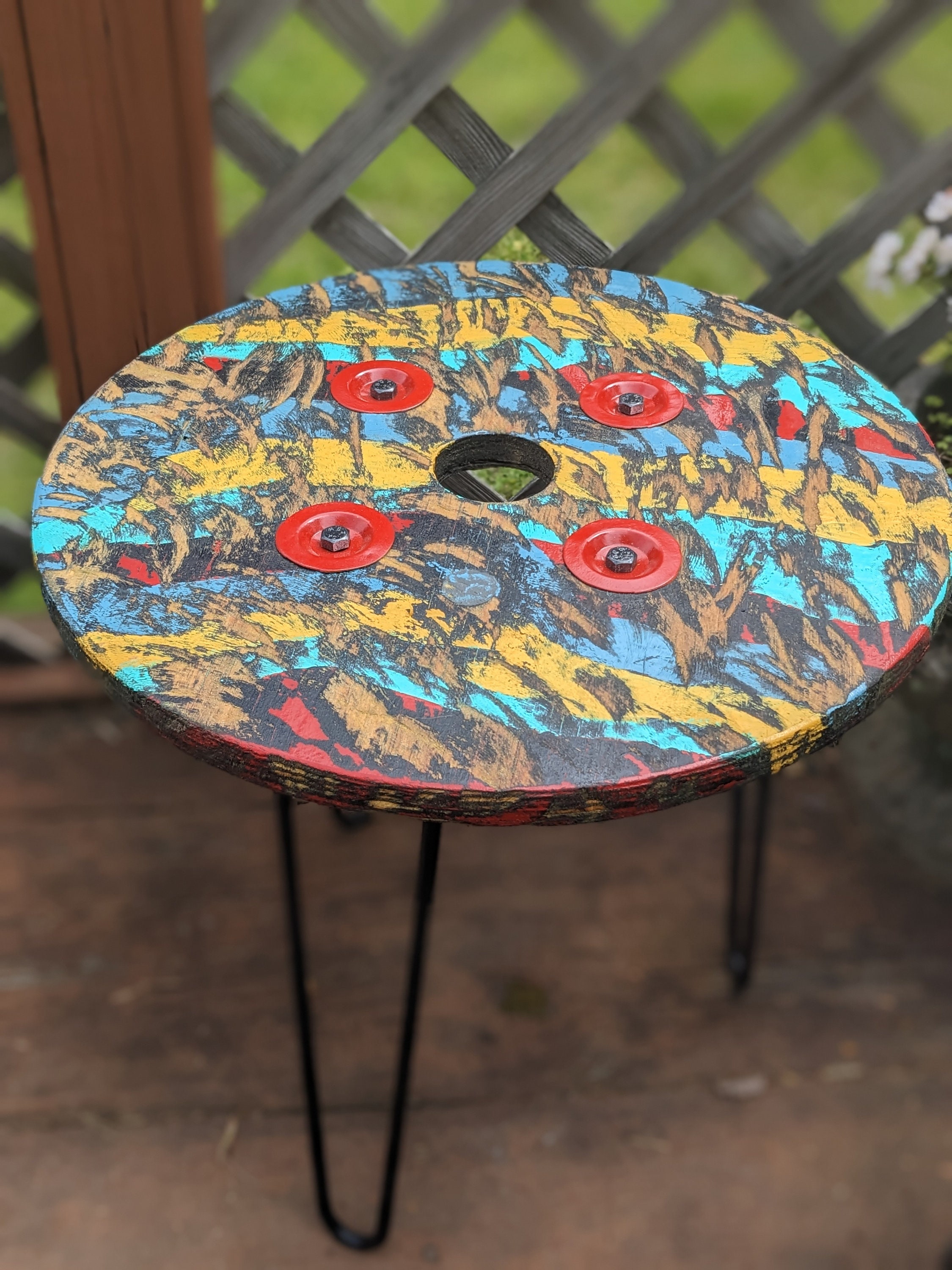 Upcycled Spool Side Table: Colorful Reclaimed Wood Patio Table - Etsy