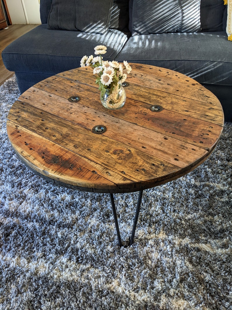 Upcycled Round Spool Coffee Table- Reclaimed Wood & Metal - Etsy