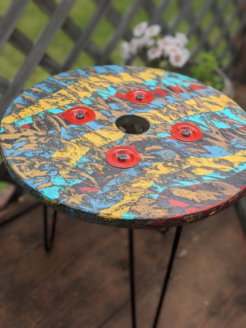 Upcycled Spool Side Table: Colorful Reclaimed Wood Patio Table - Etsy
