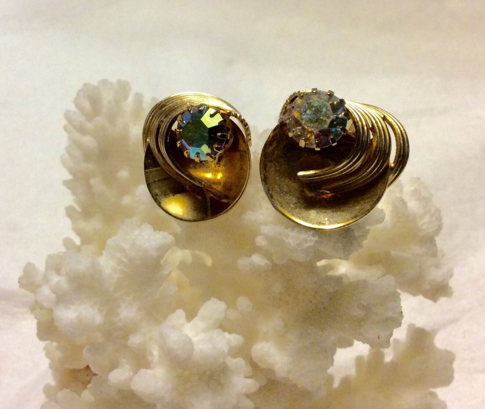 Aurora Borealis Rhinestone Gold Metal Hurricane Earrings. - Etsy