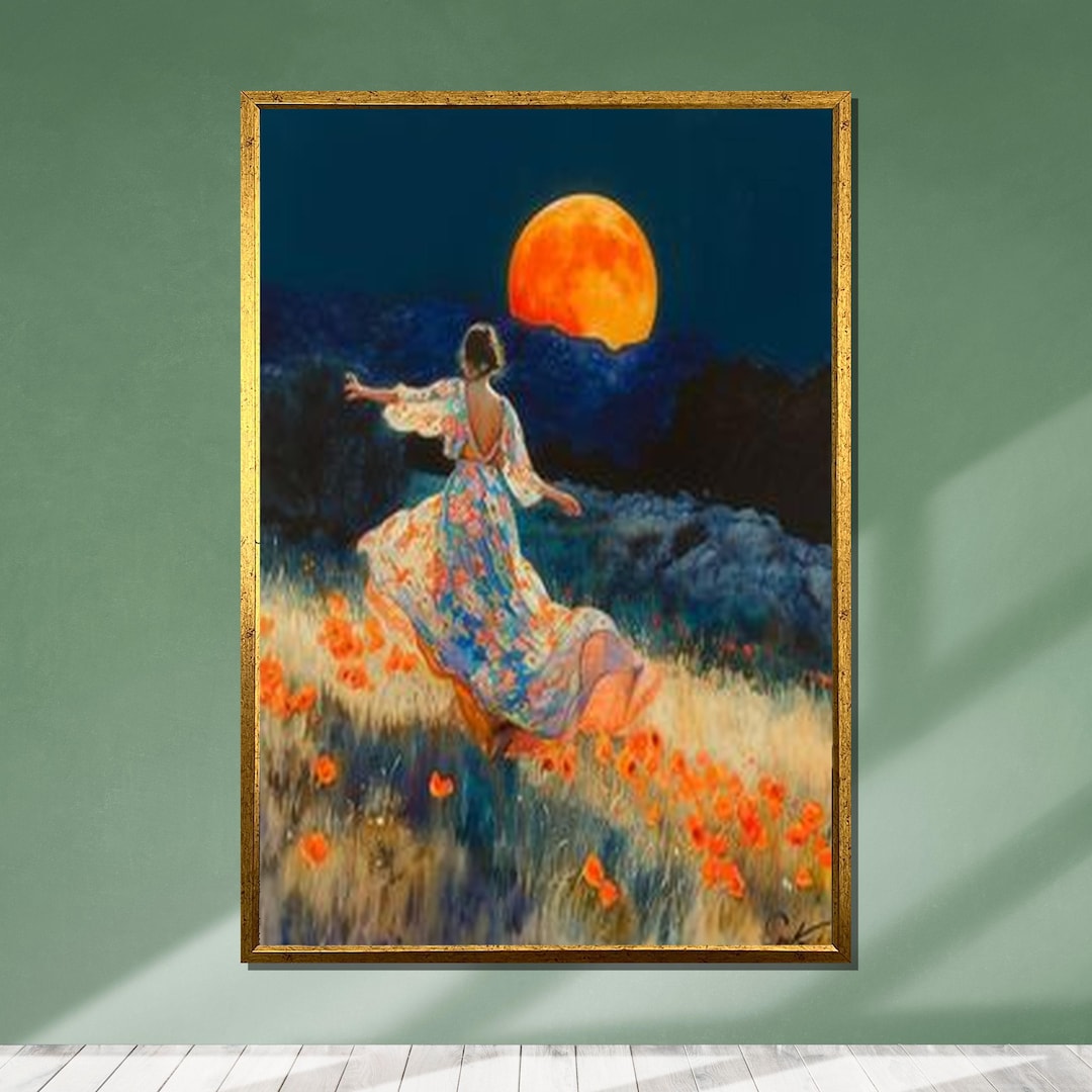 Moonlit Woman Canvas: Bohemian Wildflower Field Art, Ready to Hang - Etsy