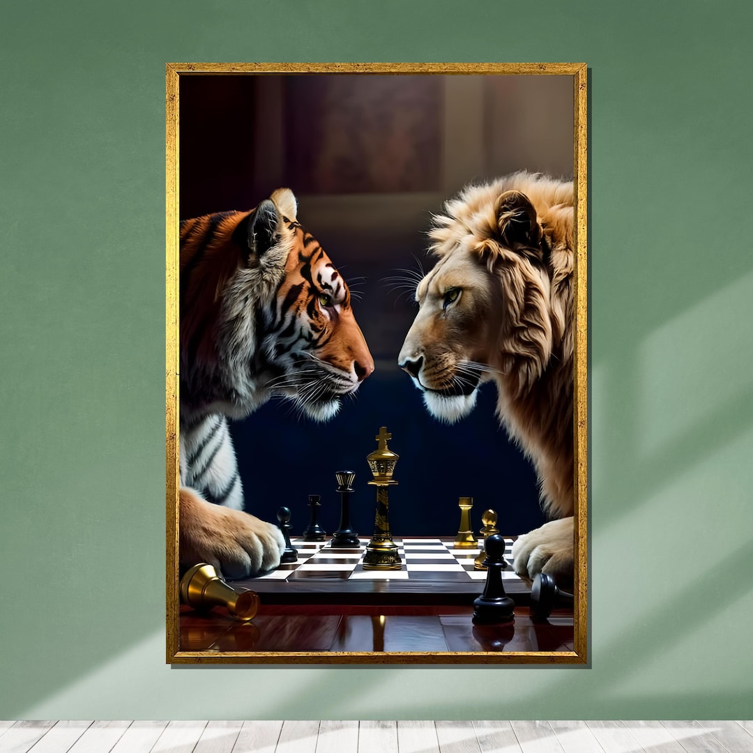 Tiger Vs Lion Chess Canvas, Animal Chess Art, Wild Cats Wall Art, Lion and Tiger Print, Strategy ...