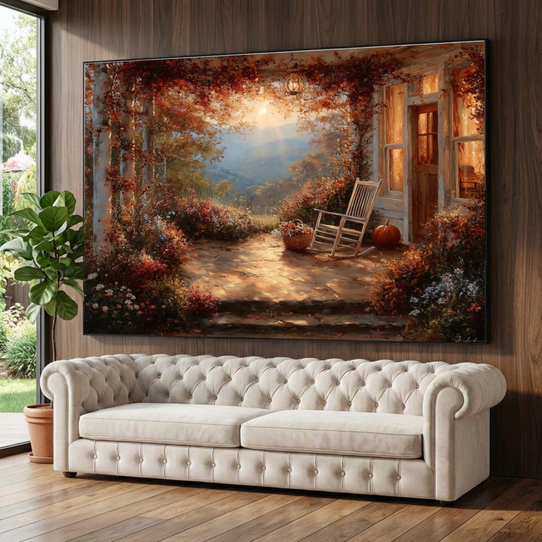 Cozy Autumn Porch Scene, Rocking Chair Canvas, Warm Fall Colors Wall ...