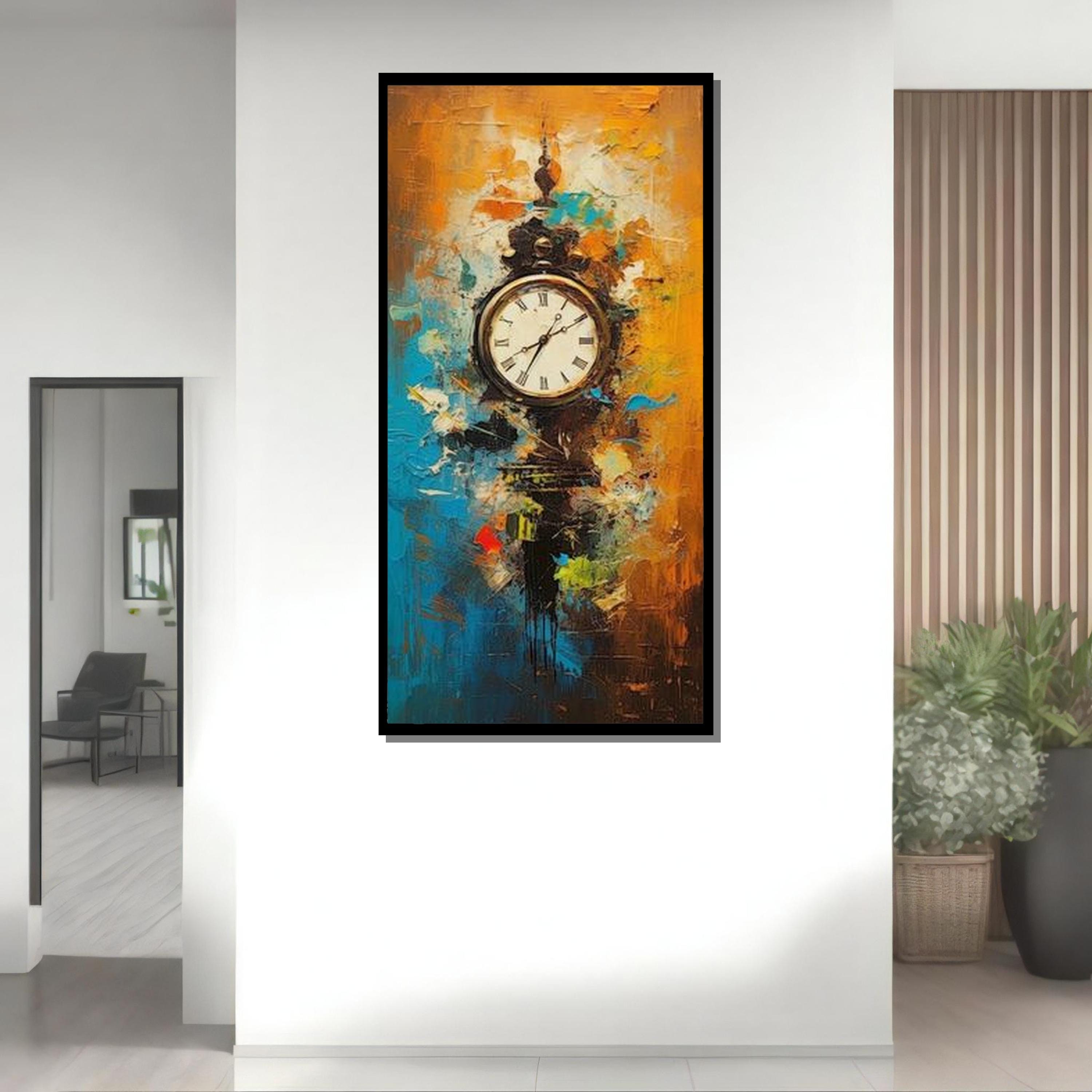 Vintage Clock Abstract Art, Timepiece Canvas Painting, Colorful Wall ...