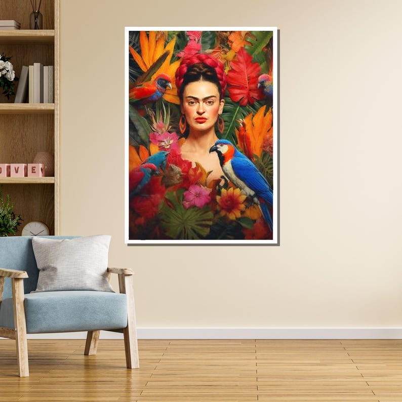 Frida Kahlo Jungle Canvas: Tropical Bird & Floral Portrait - Etsy