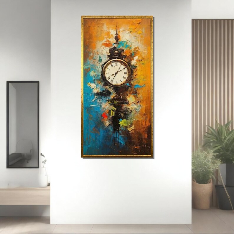 Vintage Clock Abstract Art, Timepiece Canvas Painting, Colorful Wall ...