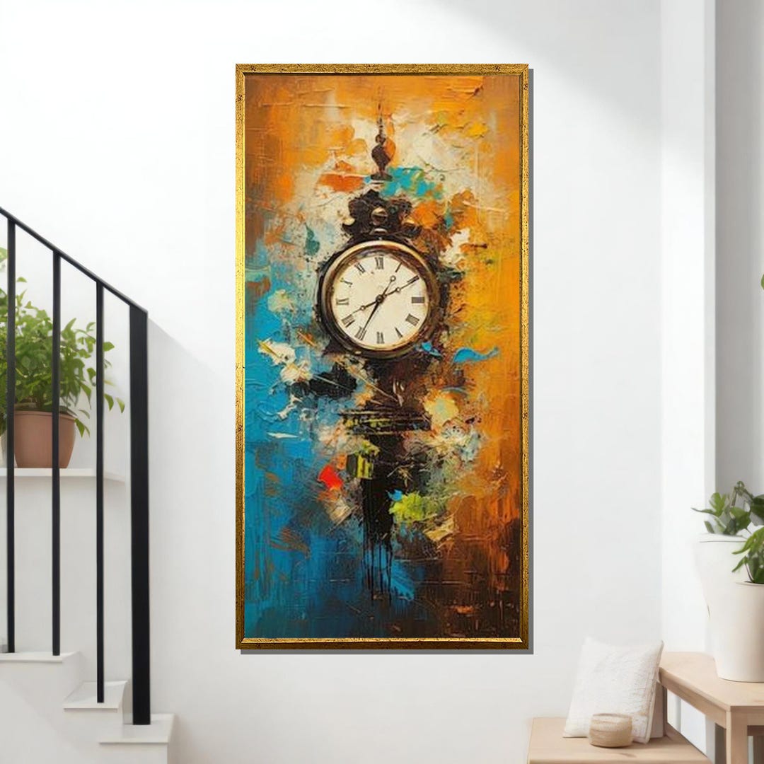 Vintage Clock Abstract Art, Timepiece Canvas Painting, Colorful Wall ...