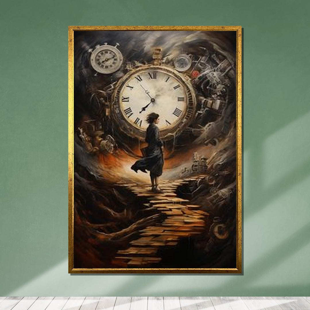 Timeless Journey Canvas, Surreal Woman and Clock Art, Vintage Timepiece ...