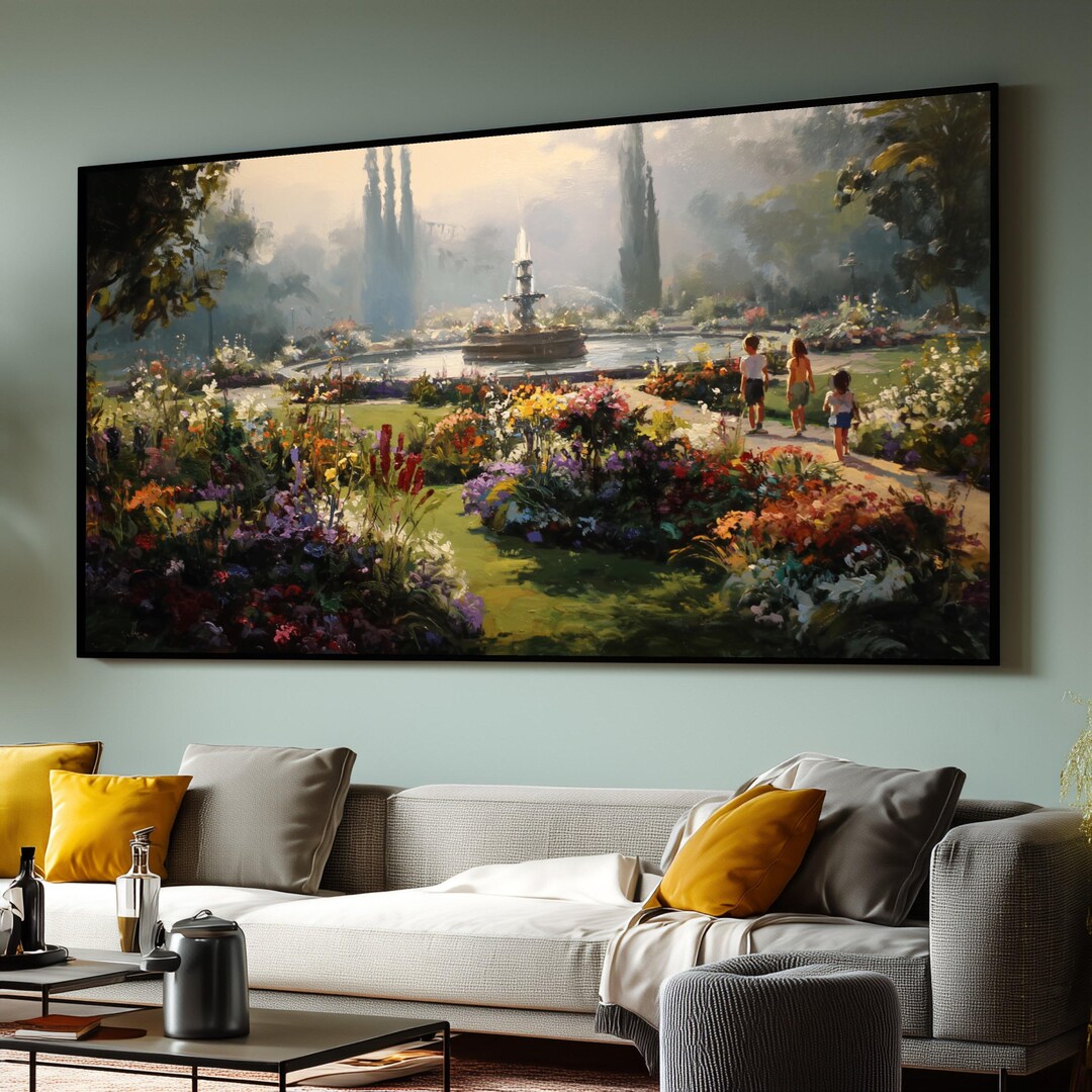 Thomas Kinkade Garden Fountain Canvas, Colorful Floral Park Scene ...