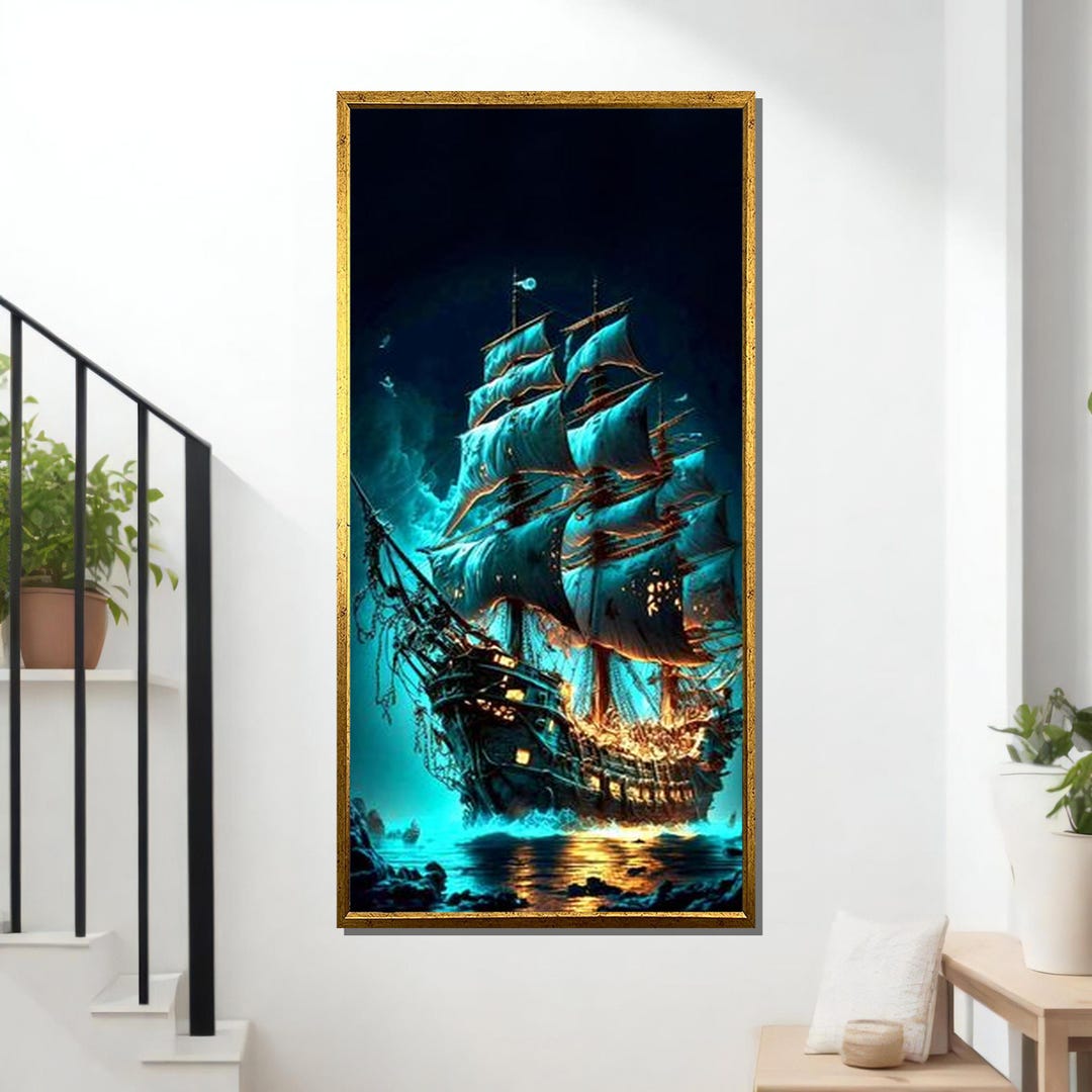 Ghost Ship on Fire, Mystical Pirate Ship Art, Night Ocean Fantasy ...