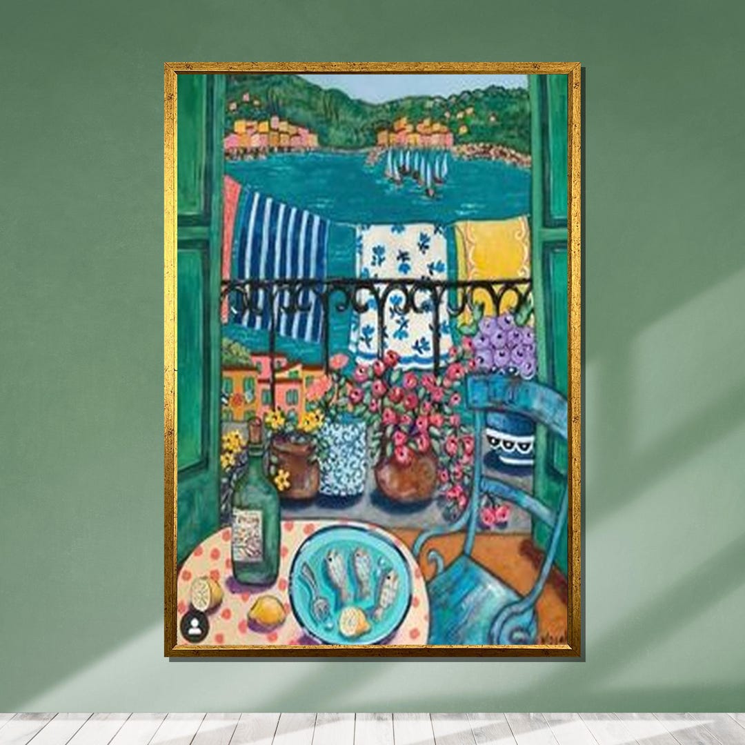 Mediterranean Balcony Canvas, Matisse Style Coastal Wall Art, Colorful ...