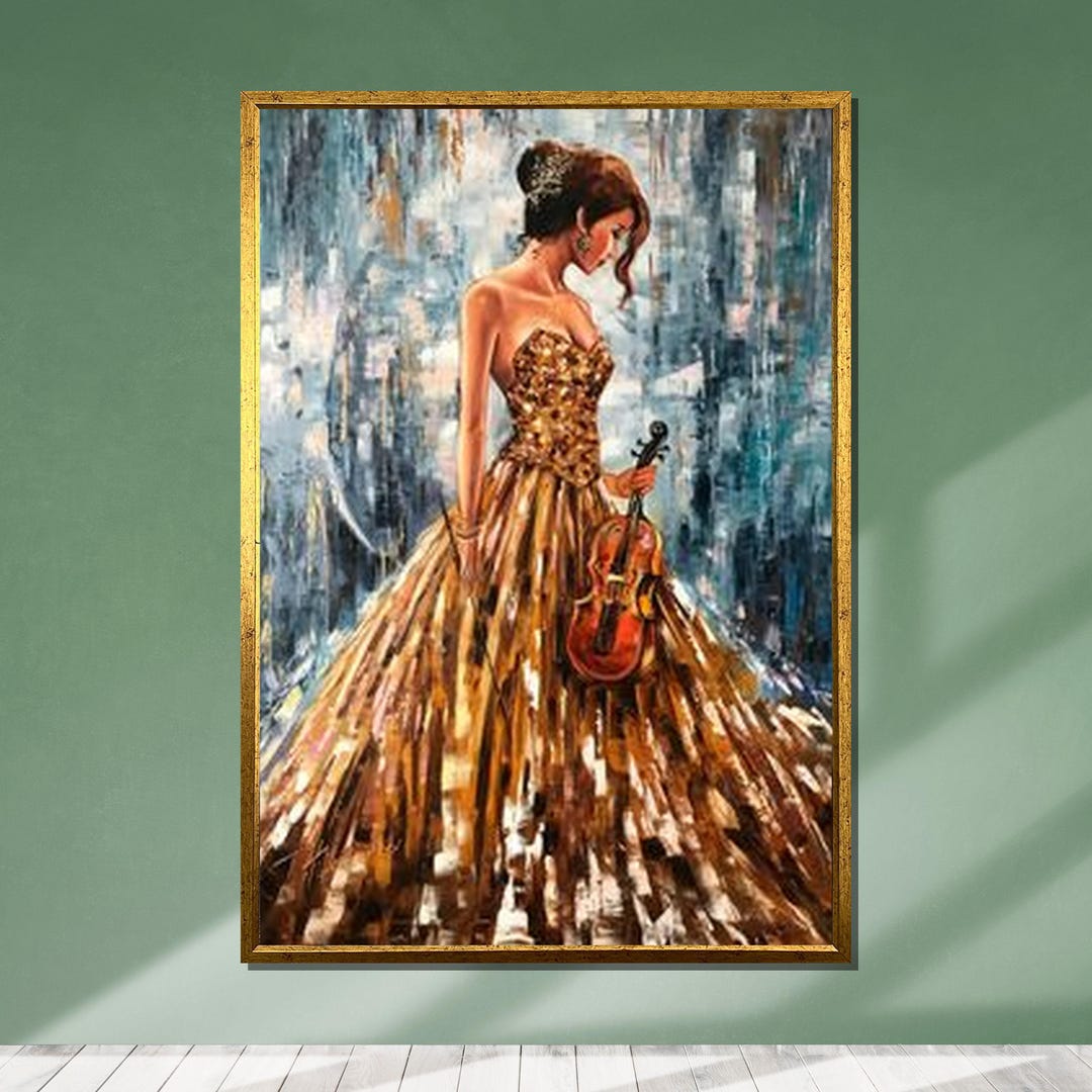 Elegant Violinist Canvas, Golden Gown Art Print, Classical Music Wall ...