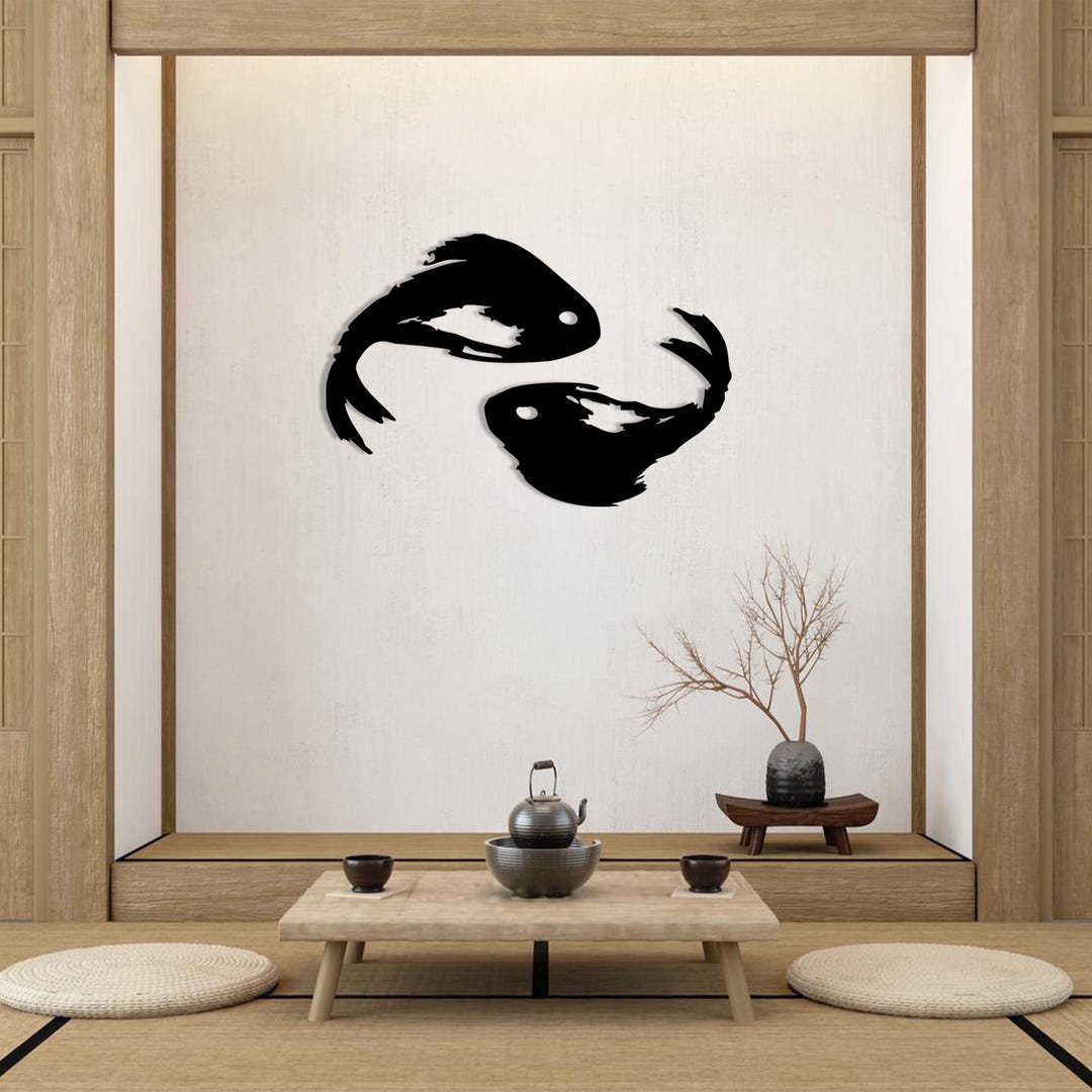 Feng Shui Koi Fish and Katana Metal Wall Art, Japanese Line Art Decor ...