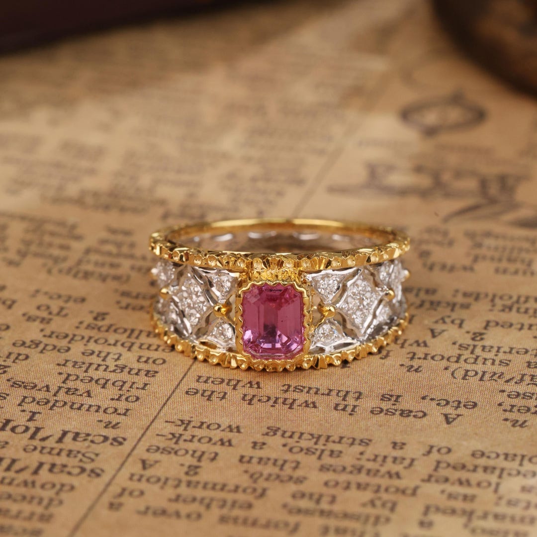18k Gold Pink Ruby Ring, Emerald Cut Vintage Pink Ruby Ring, Rectangle ...