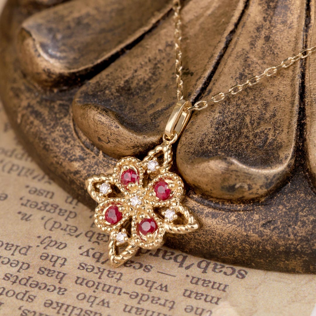 18K Gold Ruby Diamond Necklace: Floral Collarbone Chain - Etsy