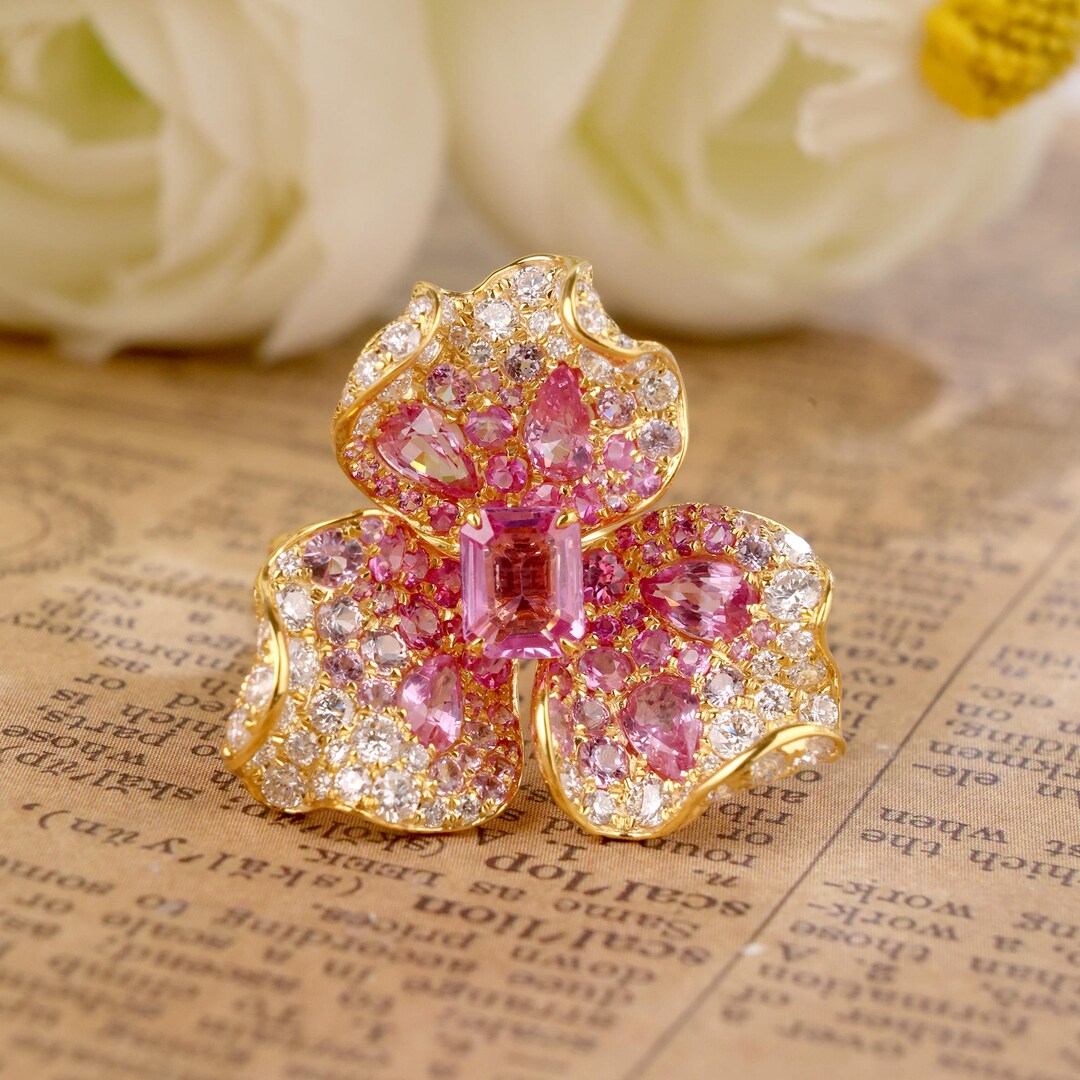 18k Gold Pink Sapphire Diamond Ring, Rose Flower Pink Sapphire ...