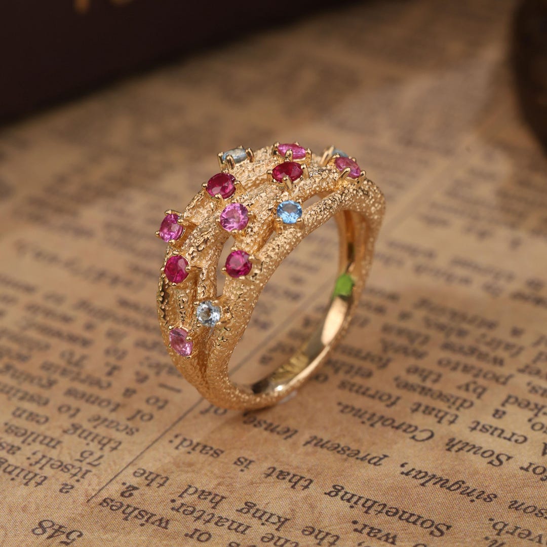 18k Gold Ruby and Topaz Ring, Natural Colored Ruby Ring, Vine Wide Ring ...