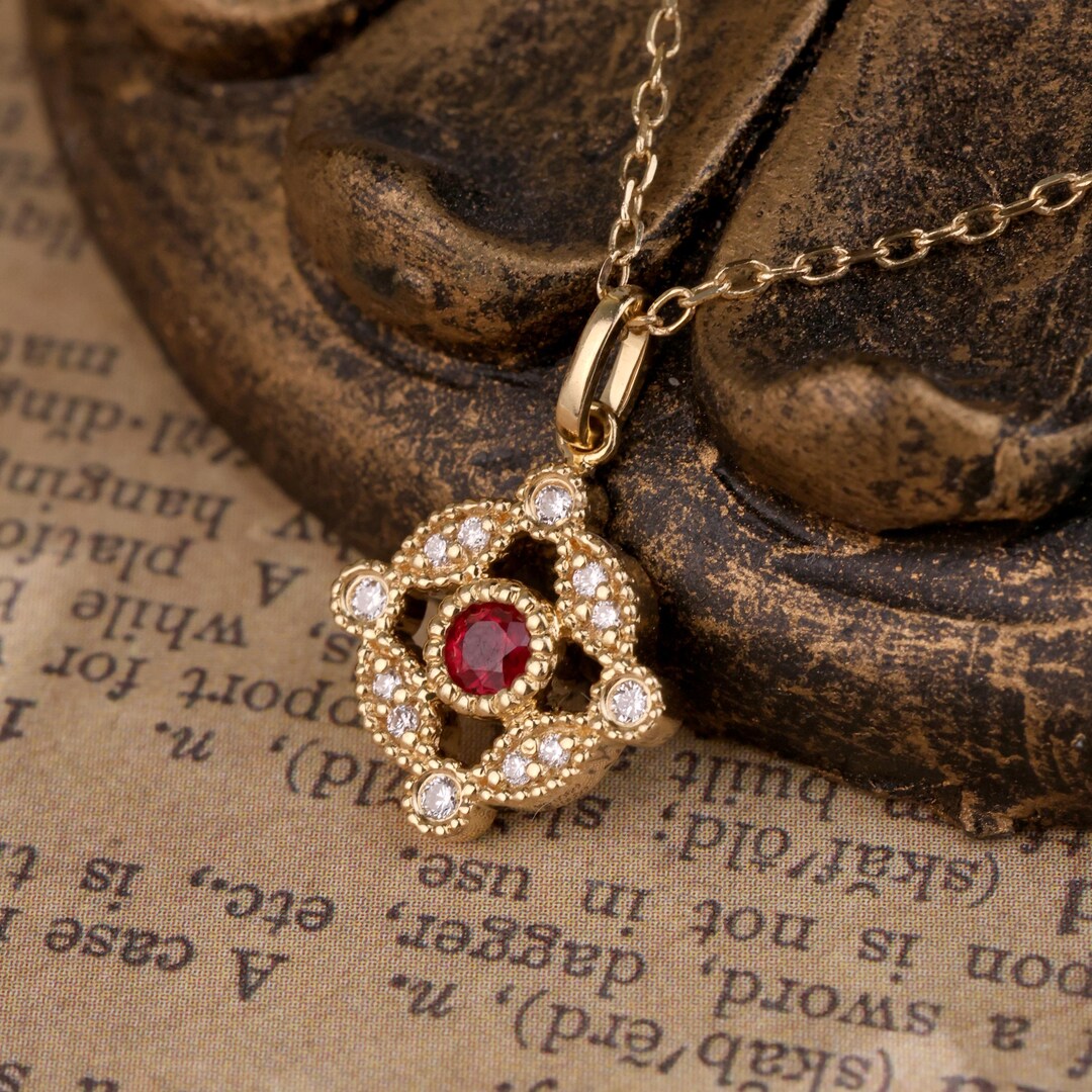 18K Solid Gold Ruby Necklace, Ruby and Diamond Necklace, July ...