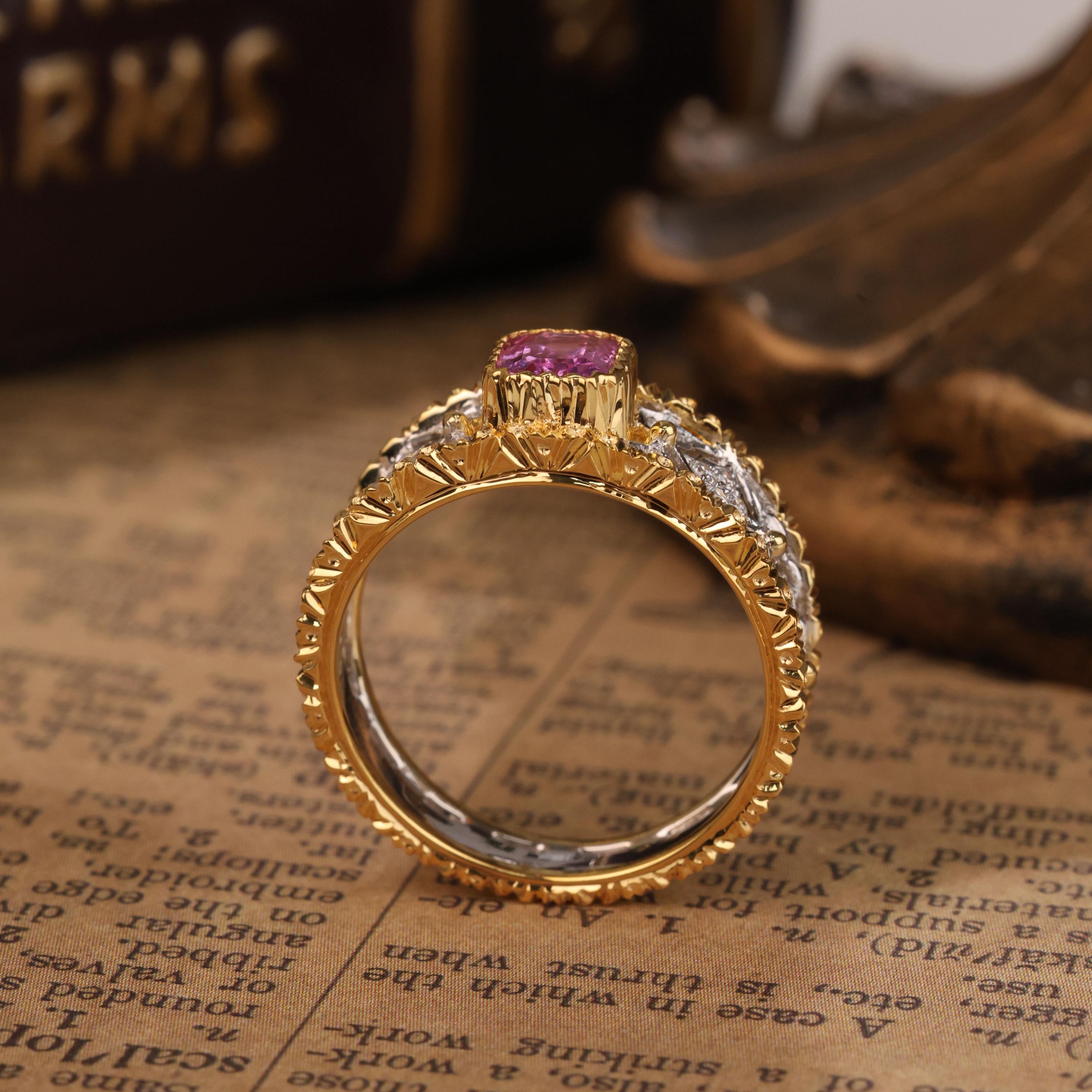 18k Gold Pink Ruby Ring, Emerald Cut Vintage Pink Ruby Ring, Rectangle ...