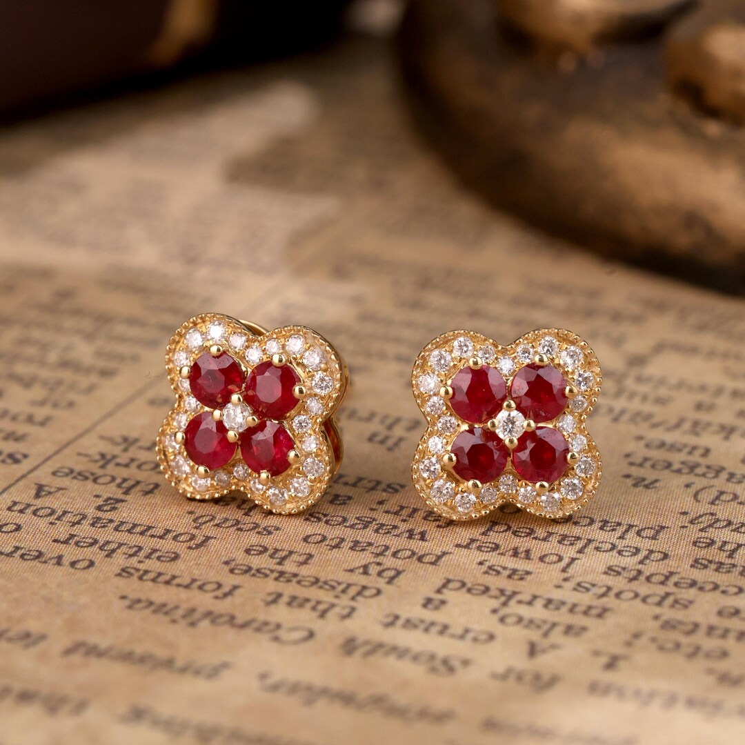 18k Gold Clover Ruby Earrings With Diamond Halo - Etsy