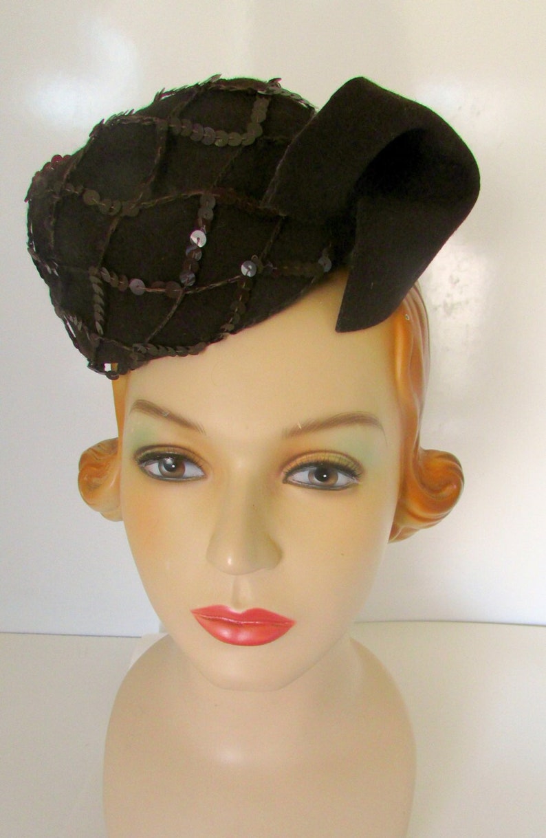 Vintage Tilt Hat 1940s WWII Era Min Hat Brown Felt Sequins - Etsy