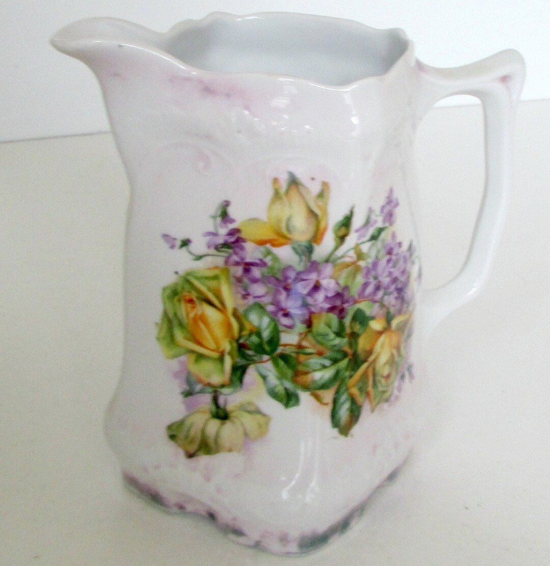 Vintage Shabby Pitcher Milk Water Pitcher Purple Yellow Floral Cottage ...