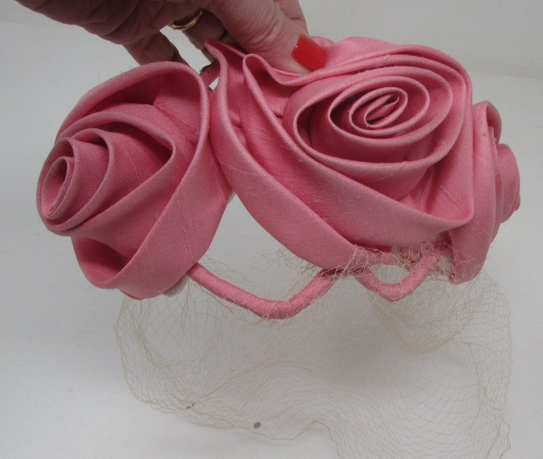 Vintage Pink Roses Floral Crescent Hat With Velvet Wrapped Structure ...