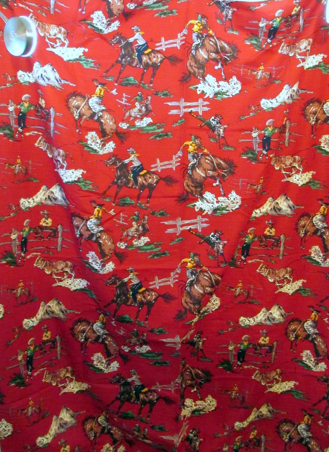 Cowboy Barkcloth Bucking Broncos in Red Moda Roundup Retro Reproduction ...