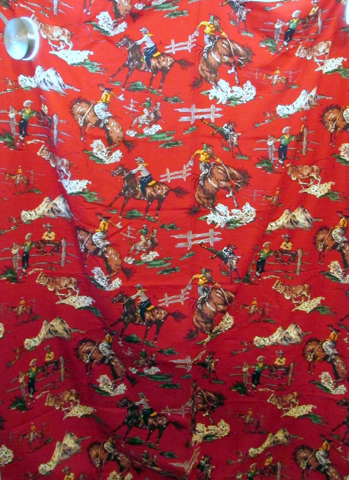 Vintage Barkcloth Cowboy Bucking Broncos in Red Moda Roundup Retro ...