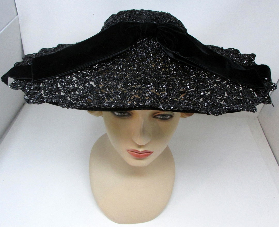 Vintage Designer Shorlon Black Wide Brim Cartwheel Hat Avant Garde ...
