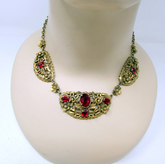 Vintage Ruby Red Rhinestone Necklace Gold Art Deco De… - Gem