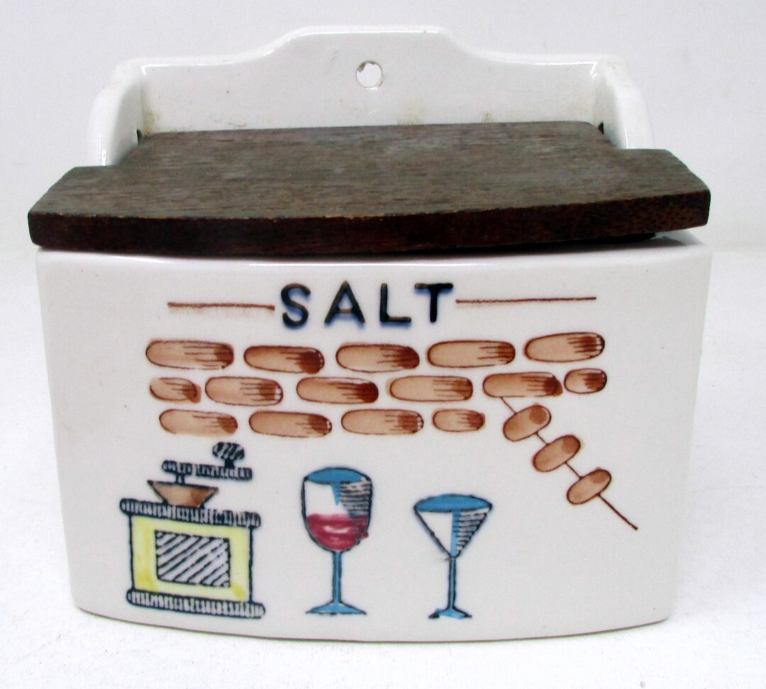 Vintage Salt Box With Wooden Lid Fun Graphics - Coffee Grinder ...