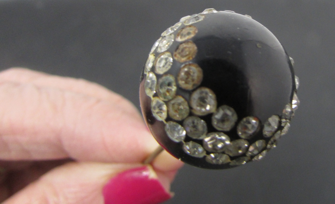 Art Deco Vintage Hat Pin Long Hat Pin Black Ball With Rhinestones ...