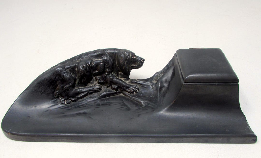 Art Nouveau Inkwell Pewter Hunting Hounds Dogs Vintage Inkwell Antique ...