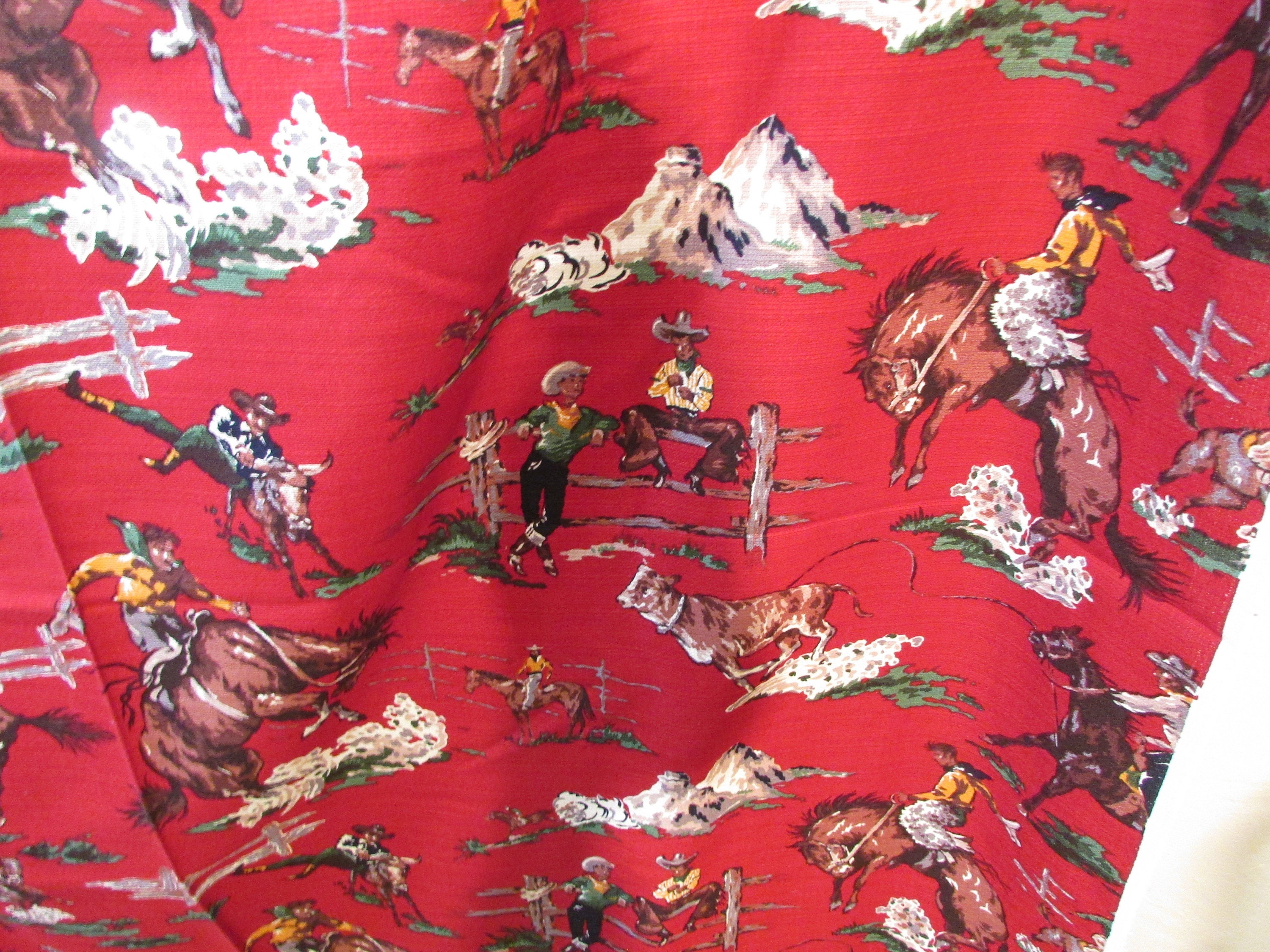 Vintage Barkcloth Cowboy Bucking Broncos in Red Moda Roundup Retro ...