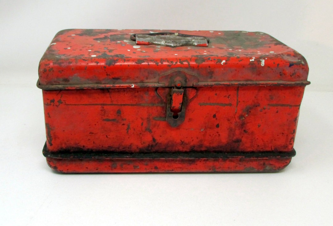 Vintage Red Painted Metal Tool Box With Tons of Character Cute Small ...