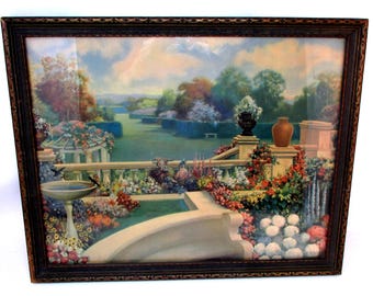 Vintage ART Deco Framed Print R. ATKINSON FOX Garden Scene Original ...